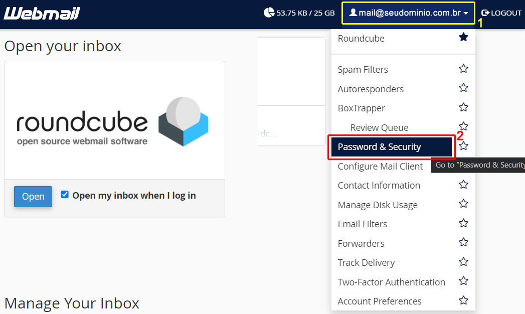Alterar a senha no webmail Roundcube | EMBIT Serviços